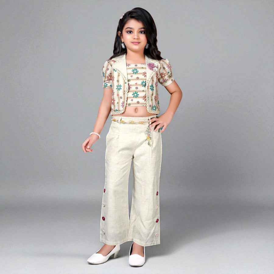 Buy Cream Girls Co-ord Set with Floral Jacket – Mumkins