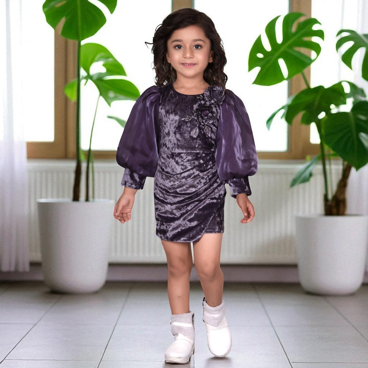 Buy Purple & Green Organza Sleeves Girls Midi – Mumkins