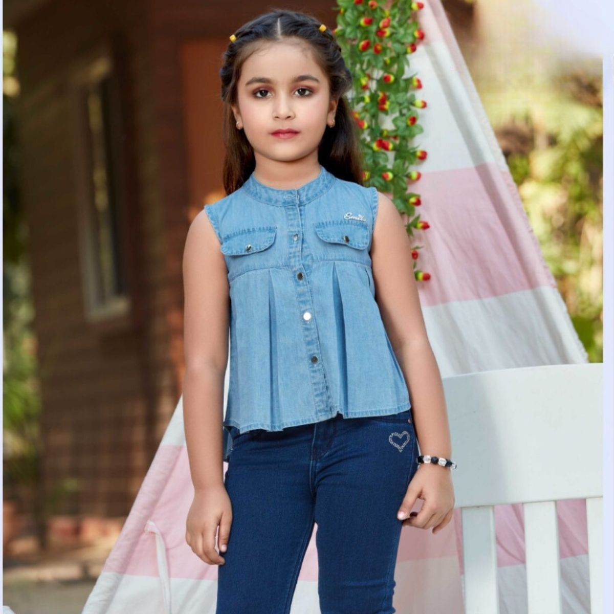 Buy Dark & Light Blue Denim Top for Girls – Mumkins